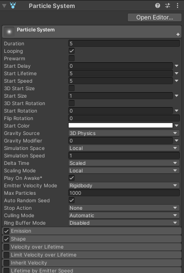 Unity Particle System-komponent i inspektørvisningen.