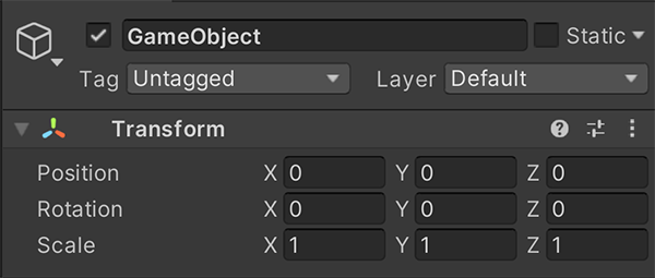 Unity Transform-komponent i inspektørvisningen.