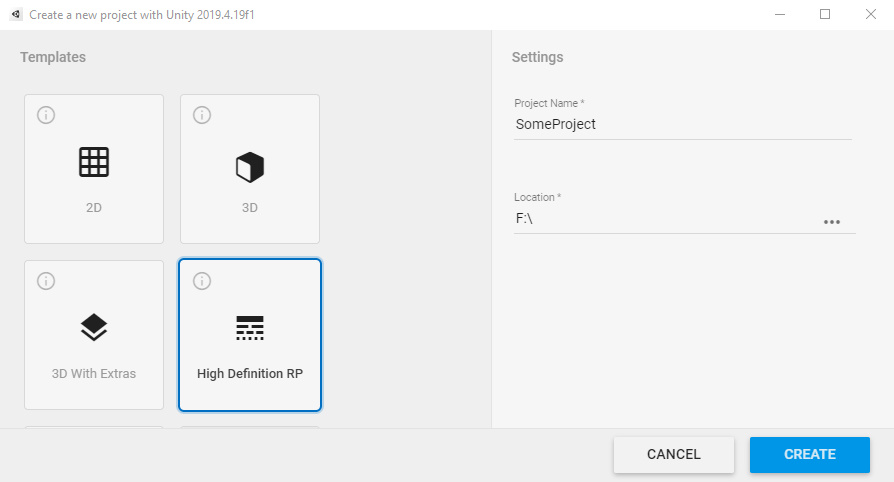 Unity Hub prosjektskapervindu.