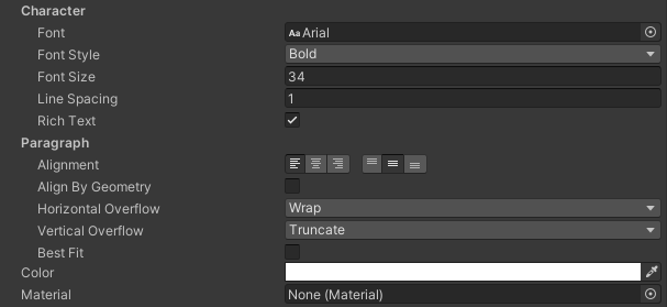 Unity Text Component Inspector Arial fet skriftstørrelse 34
